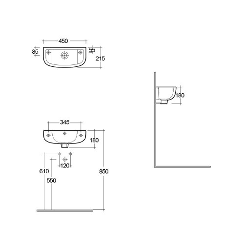 RAK Compact 450mm Slim Line Basin - 1 Tap Hole - Right Hand ...