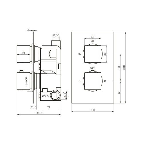 Cube Square Twin Single Outlet Thermostatic Concealed Shower Valve - Chrome