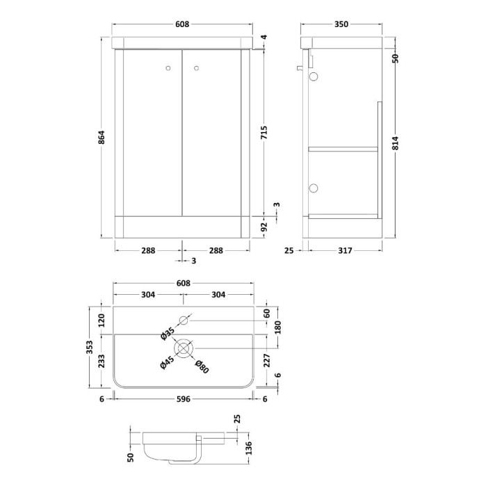 Nuie Core Gloss White 600mm Floor Standing 2 Door Vanity Unit & Basin ...