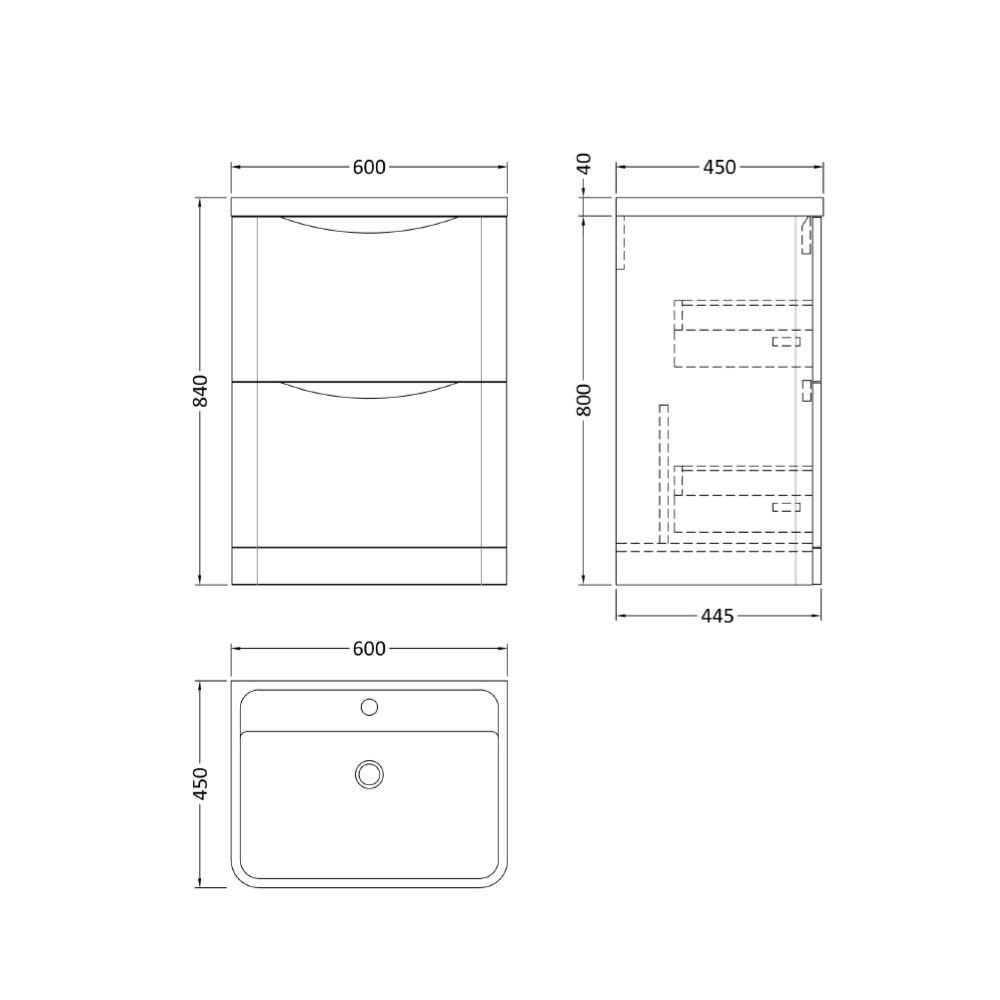 Nuie Lunar Satin White 600mm Floor Standing 2 Drawer Vanity Unit ...