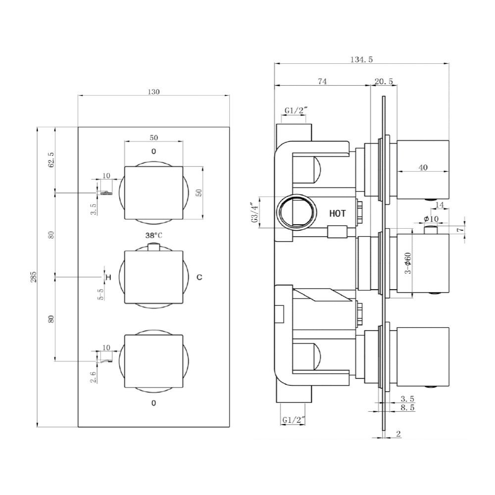 Cube Square Triple Two Outlet Thermostatic Concealed Shower Valve ...