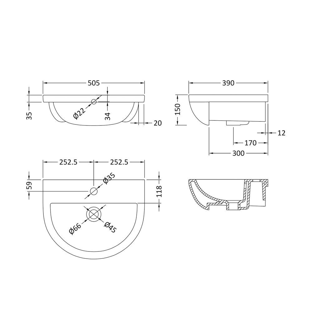Harmony 500mm Semi Recessed Counter Top Basin - 1 Tap Hole ...